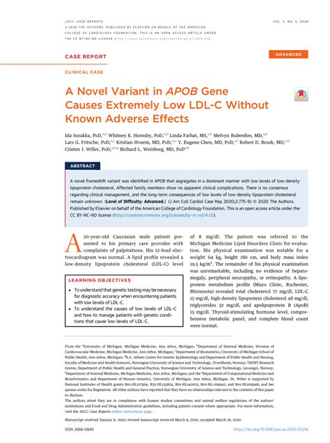 Pdf A Novel Variant In Apob Gene Causes Extremely Low Ldl C Without Known Adverse Effects