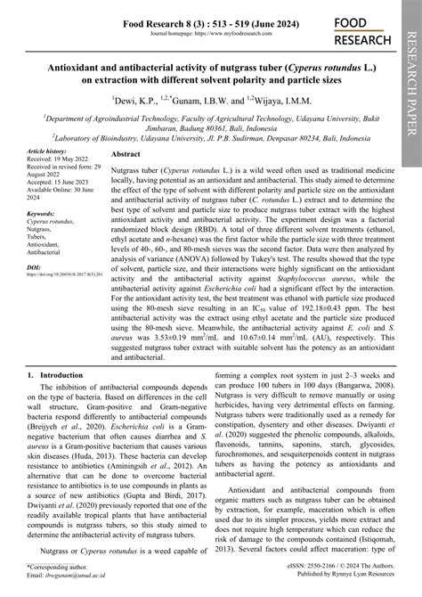 Pdf Antioxidant And Antibacterial Activity Of Nutgrass Tuber Cyperus