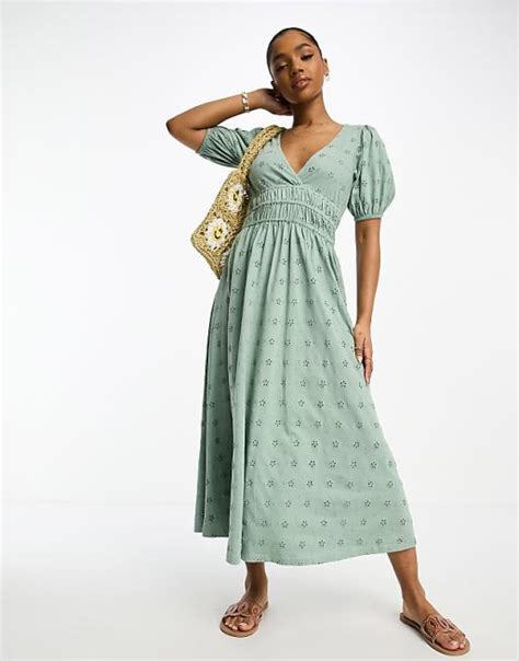 Asos Design Broderie Puff Sleeve Midi Tea Dress With Shirred Waist In