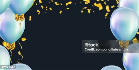 벡터 생일 축하 수평 그림은 3d 현실과 텍스트와 반짝이는 색종이가 있는 배경에 풍선입니다 3차원 형태에 대한 스톡 벡터 아트