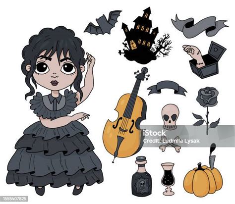 고딕 할로윈 귀여운 컬렉션입니다 판타지 춤추는 소녀 박쥐 첼로 럼주 두개골과 뼈대 호박과 손이 있는 으스스한 집 벡터 그림입니다 축제 디자인을 위해 그려진 격리된 색상 고딕