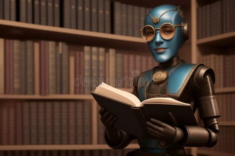 Retro Robot With A Book In His Hands In The Library Against The