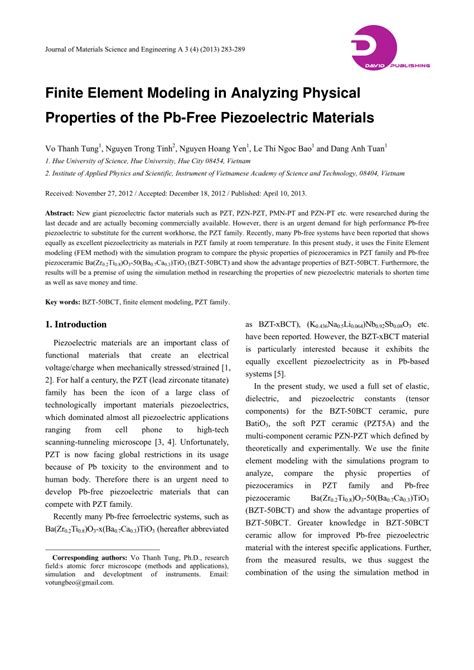 Pdf Finite Element Modeling In Analyzing Physical Properties Of The Pb Free Piezoelectric