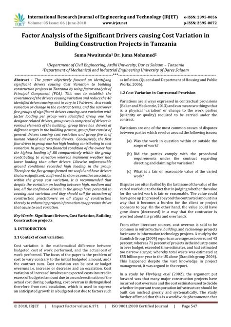 Pdf Factor Analysis Of The Significant Drivers Causing Cost Variation In Building Construction