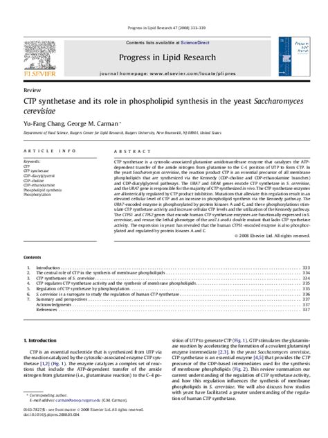 Pdf Ctp Synthetase And Its Role In Phospholipid Synthesis In The Yeast Saccharomyces Cerevisiae