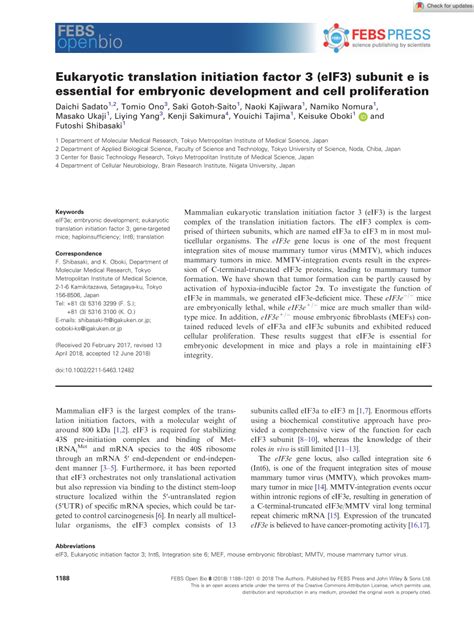 Pdf Eukaryotic Translation Initiation Factor 3 Eif3 Subunit E Is Essential For Embryonic