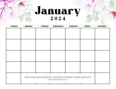 Blank Calendar Template January 2024 Word Free Printable Download
