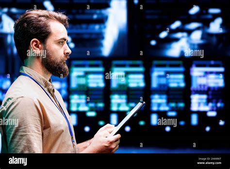 It Developer Setting Up High Tech Data Center Firewalls Intrusion Detection Systems And Doing
