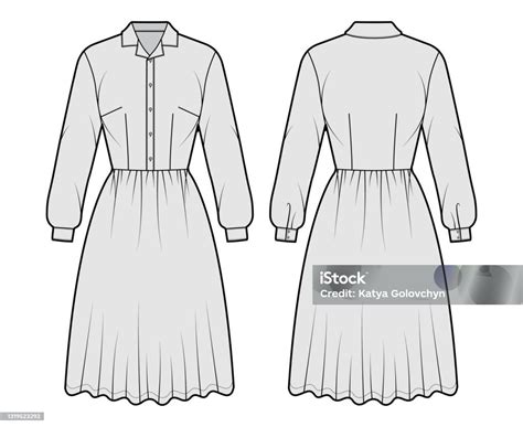 드레스 하우스 셔츠 테크니컬 패션 일러스트와 긴 소매 와 커프 무릎 길이 풀 스커트 헨리 칼라 0명에 대한 스톡 벡터 아트 및