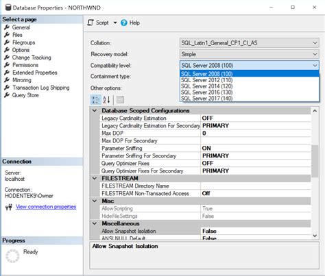hodentek compatibility level of sql server