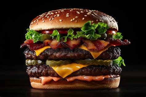 Big Juicy Burger With Double Beef Patties Fresh Lettuce Tomatoes