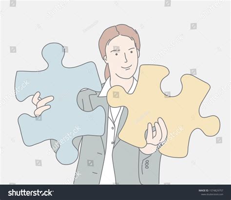 Woman Puzzles Line Drawing Vector Illustration เวกเตอรสตอก ปลอดคาลขสทธ