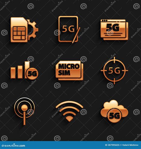 Set Micro Sim Card Wi Fi Wireless Network Cloud 5g Antenna And Card Setting Icon Vector