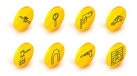 세트 라인 용의자 범죄 권총 또는 소음기 판사 가발 망치 경찰 차와 점멸기 보안 카메라 돋보기 검색 및 저격 소총 범위 아이콘