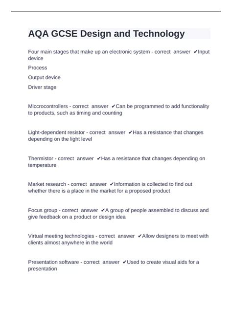 aqa gcse design and technology question and answers 100 correct 2024