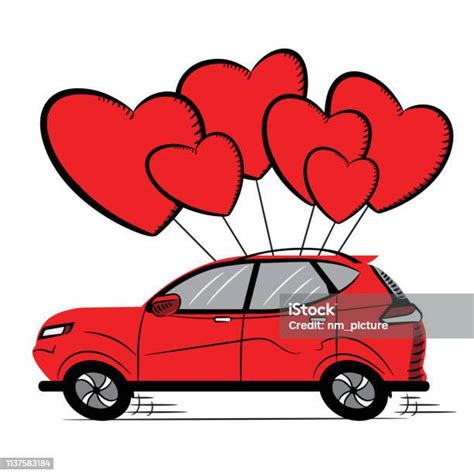 빨간 마음을 가진 빨간 차 발렌타인 데이 선물 아이콘 스케치 기호 스톡 벡터 일러스트입니다 투명 고립 된 흰색 2월에 대한 스톡 벡터 아트 및 기타 이미지 Istock