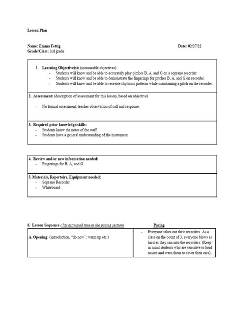 recorder lesson plan pdf recorder musical instrument lesson plan