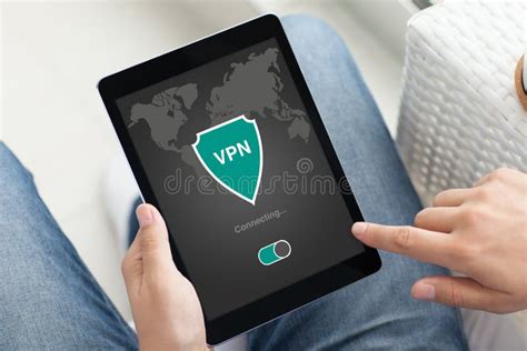 Man Holding Tablet App Vpn Creation Internet Protocols Protection