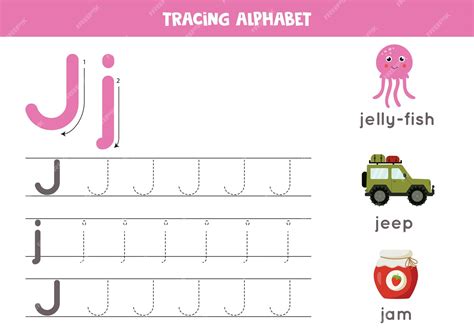 알파벳 추적 워크 시트 az 쓰기 페이지 만화 잼 지프 젤리 피쉬로 문자 j 대문자 및 소문자 추적 아이들을위한 필기