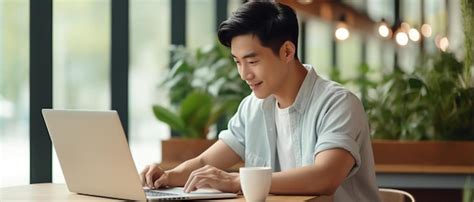 Premium AI Image A Man Sitting At A Table Using A Laptop Computer