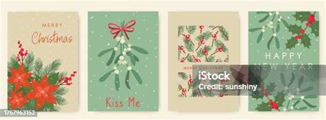 크리스마스와 새해 당신의 디자인을 위한 인사말 카드 겨우살이 호랑가시나무 크리스마스 트리 포인세티아 손으로 그린 복고풍 스타일 벡터 일러스트 레이 션 눈 냉동상태의 물에