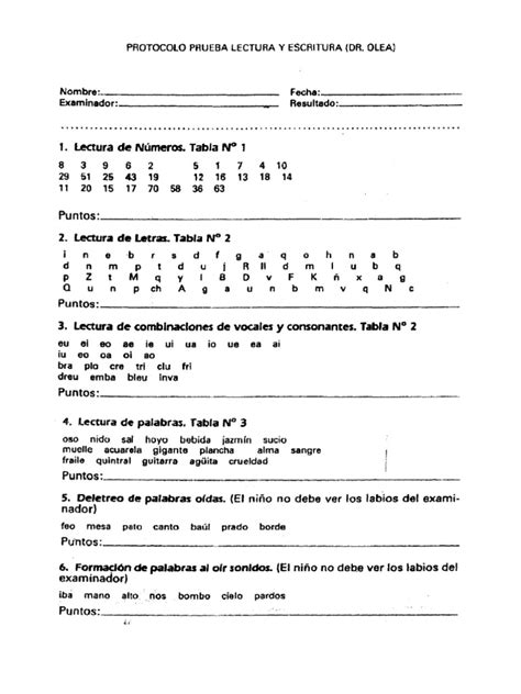 Protocolo De Prueba De Lectura Doc Olea Pdf