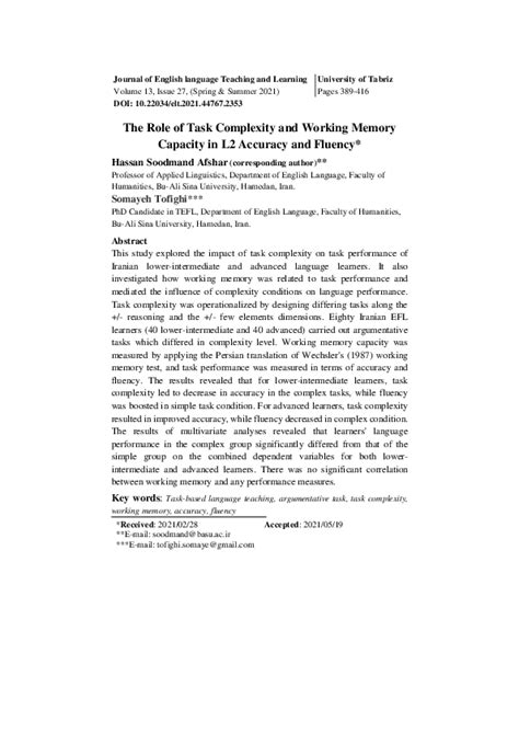 Pdf The Role Of Task Complexity And Working Memory Capacity In L2
