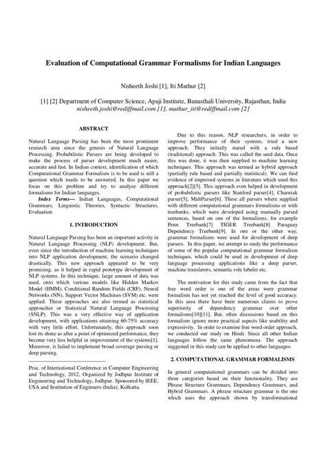 Pdf Evaluation Of Computational Grammar Formalisms For Indian Languages