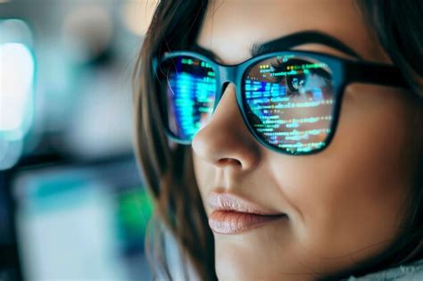 Premium Photo Woman Wear Glasses Looking Code Projected On Face And