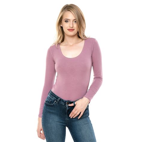 Women Bodysuit Long Sleeve Body Suit Top Blouse Scoop Neckline Bodie