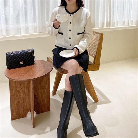 트위드가디건 배색 노카라 세미 크롭 숏 간절기 가을 싱글 자켓 가디건 흰 흰색 블랙