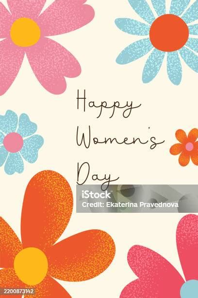 하얀 배경에 큰 밝은 그림 꽃과 텍스트와 함께 행복한 여성의 날을 위한 인사말 카드 거친 질감 효과 표지 라벨 포스터 초대장 0명에 대한 스톡 벡터 아트 및 기타 이미지