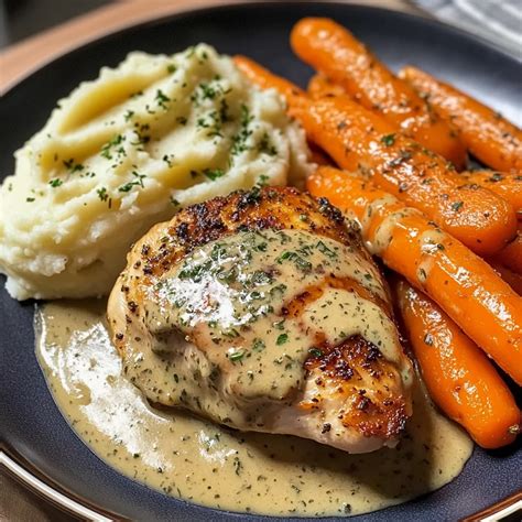 Herb Cream Chicken With Mashed Potatoes And Glazed Carrots