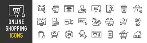 선 스타일의 온라인 쇼핑 웹 아이콘입니다 전자 상거래 웹 상점 신용 카드 모바일 상점 디지털 마케팅 수집 벡터 일러스트 레이