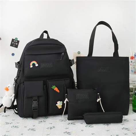 4 Pcs 세트 십대 소녀를위한 캔버스 Schoolbags 여성 배낭 학교 어린이 초등학교 가방 대학생 티몬