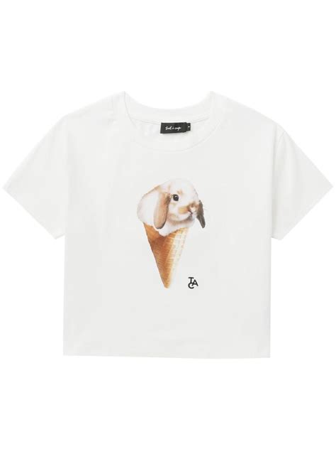 Tout A Coup Rabbit Print Crew Neck T Shirt White Cute White Tops