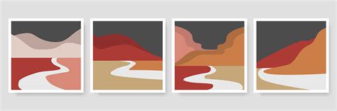 4 개의 추상 적 미학 중반 세기 현대 풍경 현대 풍경 현대 보헤 포스터 표지 템플릿의 세트 아트 프린트 엽서 벽지 벽예술에 대한 최소한의 자연 일러스트레이션 0명에 대한