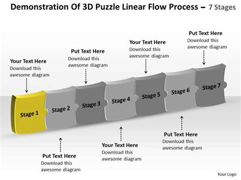 demonstration of 3d puzzle linear flow process 7 stages work chart