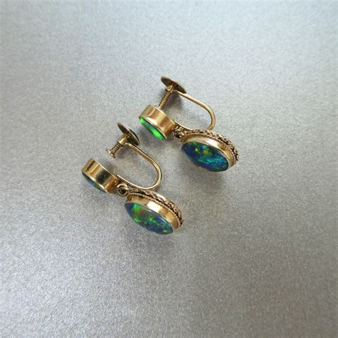 Beryl Lane Vintage 9ct Gold Opal Triplet Dangle Earrings