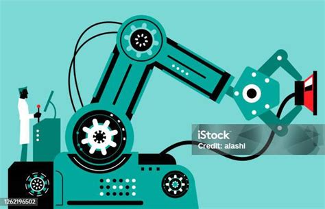 의사 는 조이스틱을 사용하여 로봇 팔을 작동하여 청진기를 사용하여 듣기 인공지능에 대한 스톡 벡터 아트 및 기타 이미지 인공지능 건강관리와 의술 산업용 로봇팔