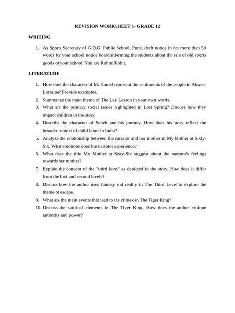Revision Worksheet 1 Grade 12 Pdf