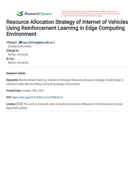 Pdf Resource Allocation Strategy Of Internet Of Vehicles Using Reinforcement Learning In Edge