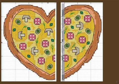 Вышивка крестом с узором на тему пиццы в форме сердца