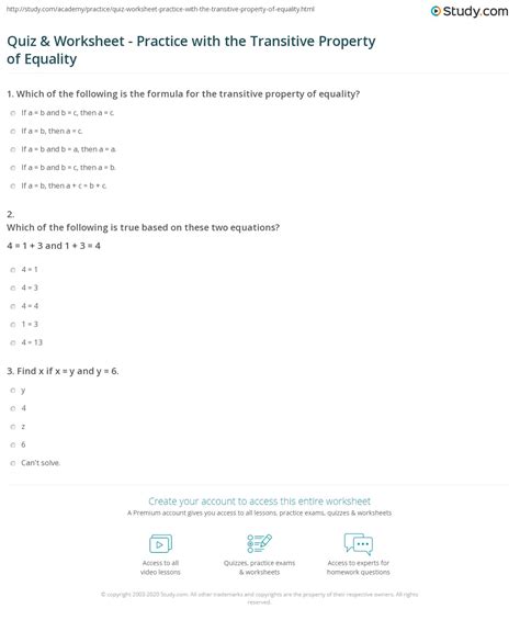 Quiz And Worksheet Practice With The Transitive Property Of Equality