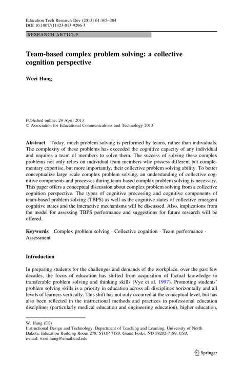 Pdf Team Based Complex Problem Solving A Collective Cognition Perspective