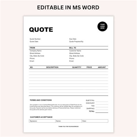 Editable Quote Template Quote Form Job Quote Estimate Template