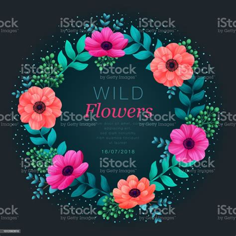 꽃 원형 프레임입니다 열 대 꽃 유행 템플릿입니다 여름 디자인 아름 다운 네온 꽃과 어두운 배경에 복사 공간 나뭇잎 초대장 결혼식 또는 인사장입니다 벡터 일러스트 레이 션