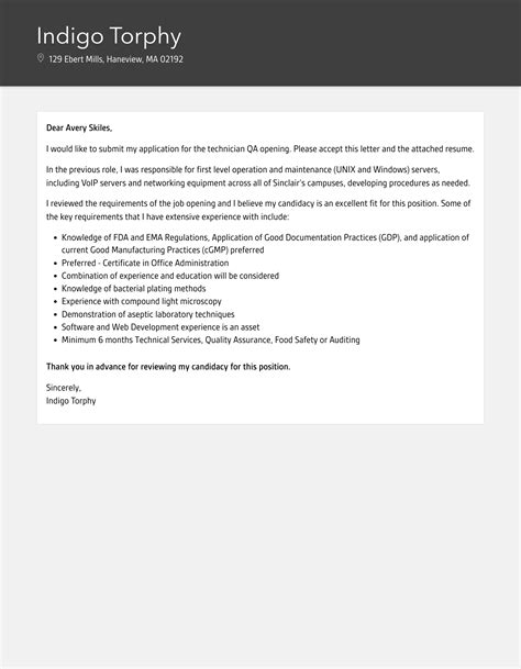 Technician QA Cover Letter Velvet Jobs