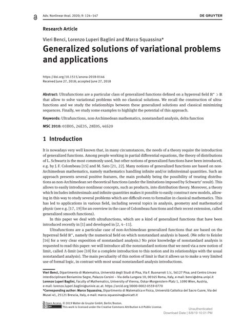 Pdf Generalized Solutions Of Variational Problems And Applications