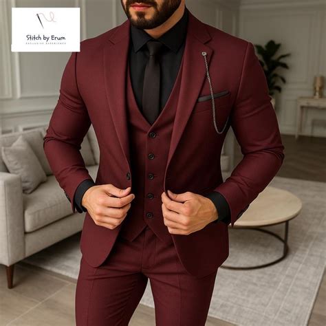 Burgundy 3 Piece Mens Suit Wedding Prom Formal Occasion Etsy Uk